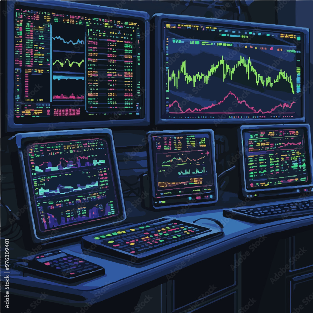 8-bit pixel art featuring several monitors with stock market data in a ...