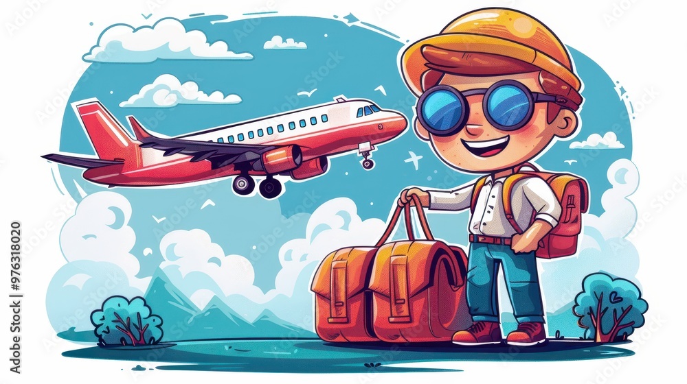 Cheerful Cartoon Traveler Boy with Sunglasses and Backpack Beside a ...