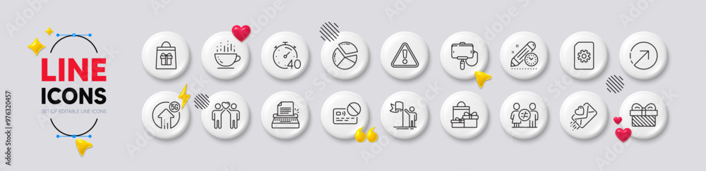 Typewriter, Pie chart and Project deadline line icons. White buttons 3d ...