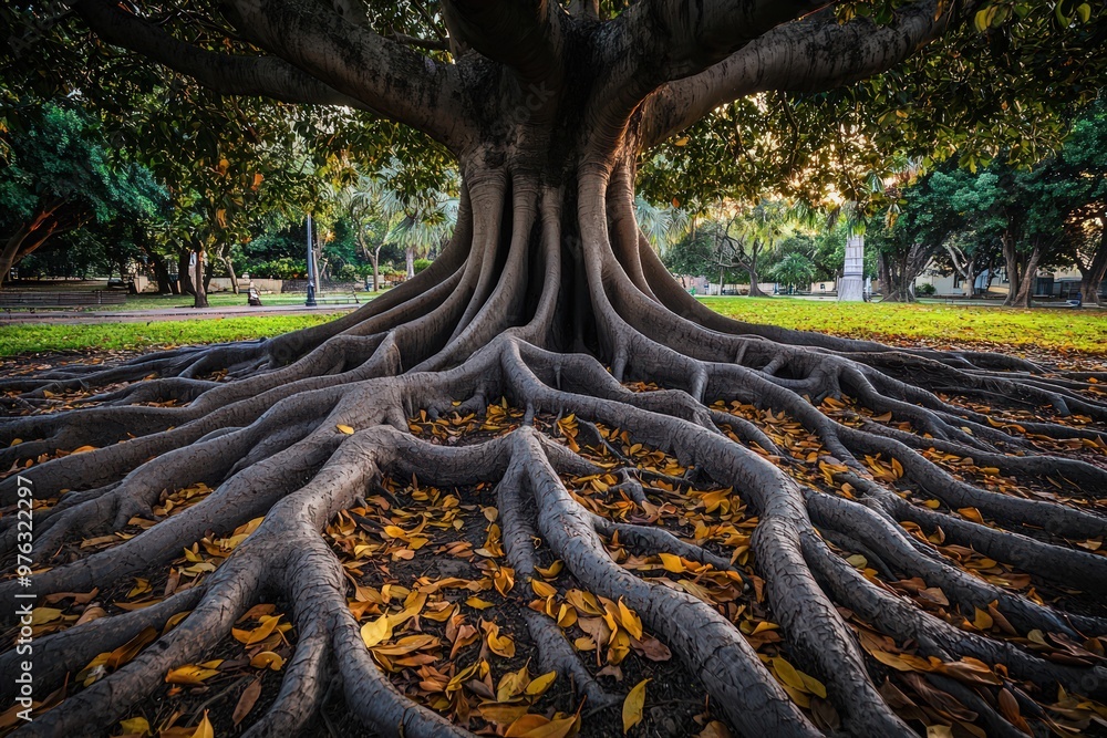 The sprawling roots of a giant Ficus tree covering a ground layered ...
