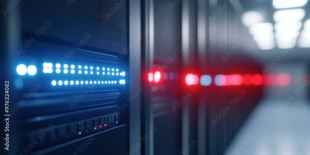 This image shows a row of advanced server racks with blue and red ...