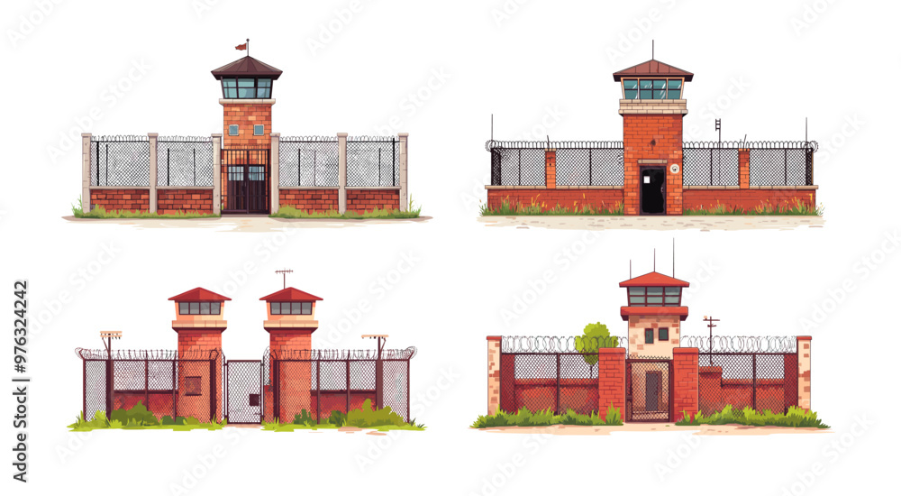 Cartoon prison buildings. Red brick walls guarded camp with jails ...
