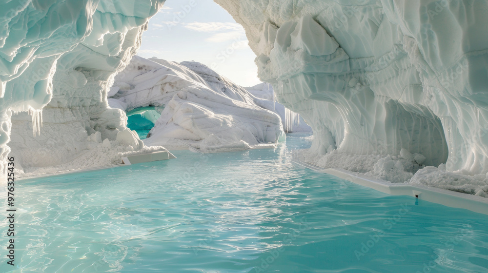 Stunning hot spring spa area in an ice hotel with crystal clear blue ...