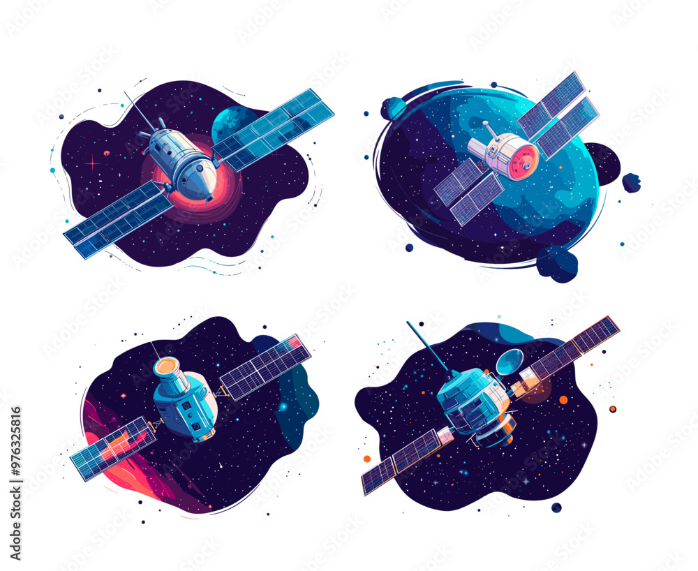 Cartoon satellite in outer space. Flying cosmic gps retranslation ...