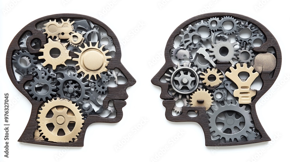 Two stylized human heads filled with interlocking gears, symbolizing ...