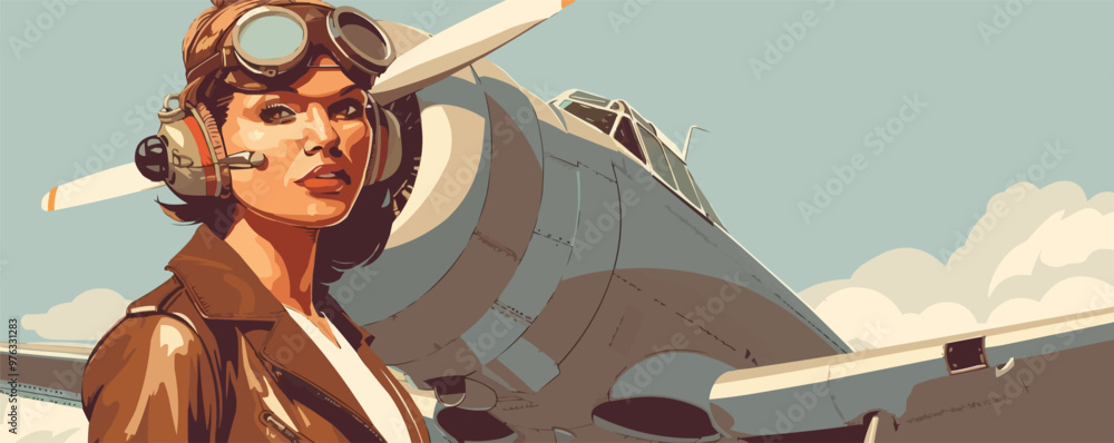 Adventurous pin-up aviator in a leather jacket and goggles, standing ...