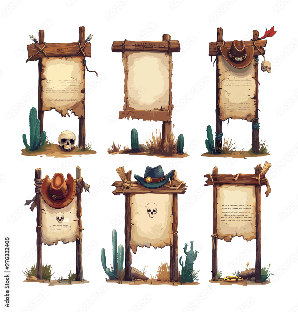 Cartoon wanted signs. Wild west cowboy bounty hunter banners, wooden ...
