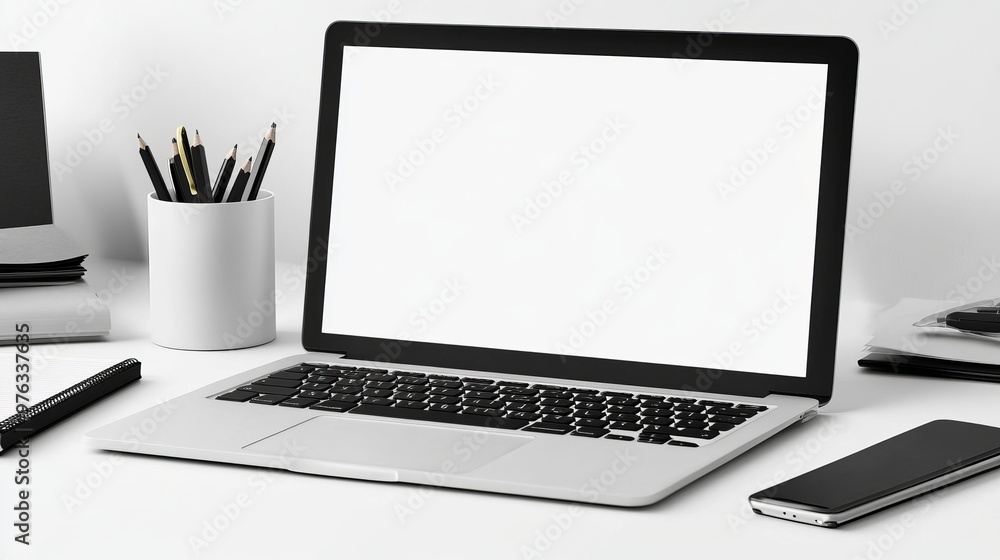 Realistic set of a white paper or laptop with a pen shown from a front ...