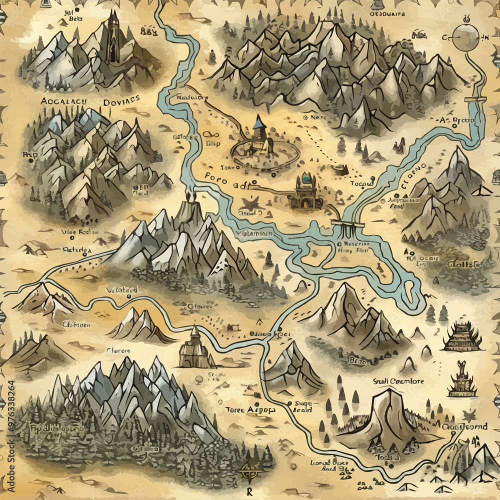 Create an intricate fantasy map with mountains, rivers, and mythical ...