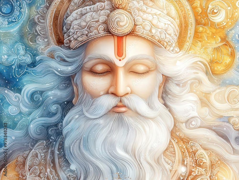 Craft a detailed, close-up watercolor painting of the Hindu god Brahma ...