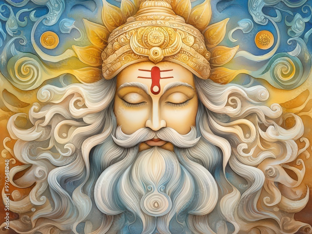 Craft a detailed, close-up watercolor painting of the Hindu god Brahma ...