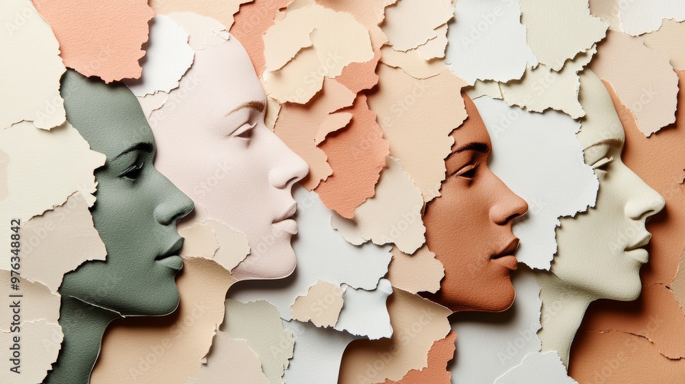 Abstract paper art collage with profiles in different skin tones ...