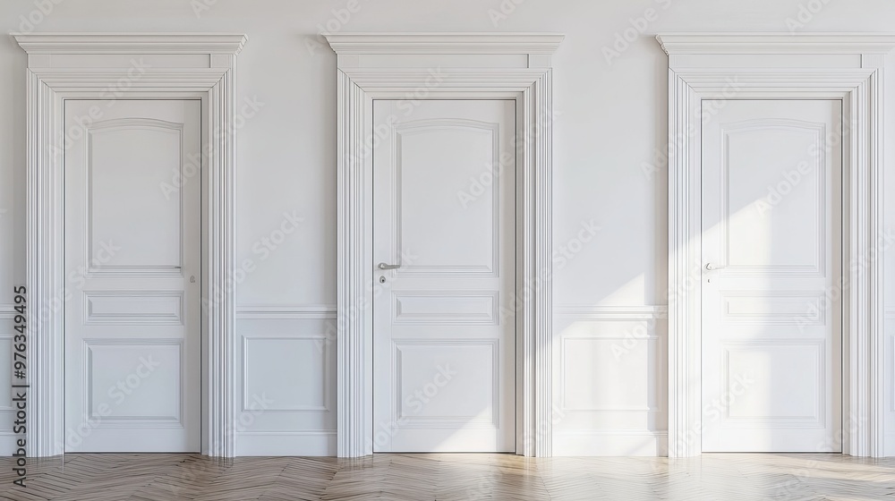 3D rendering set of white wooden doors in different stages of opening ...