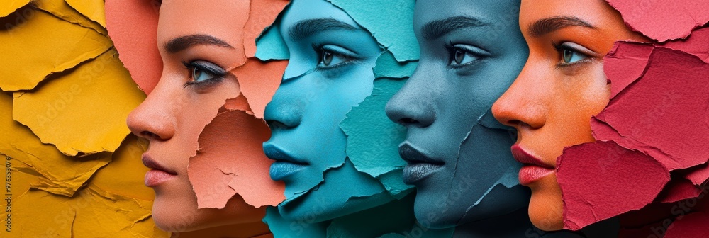 Multiple faces overlaid with vibrant colored paper, representing ...
