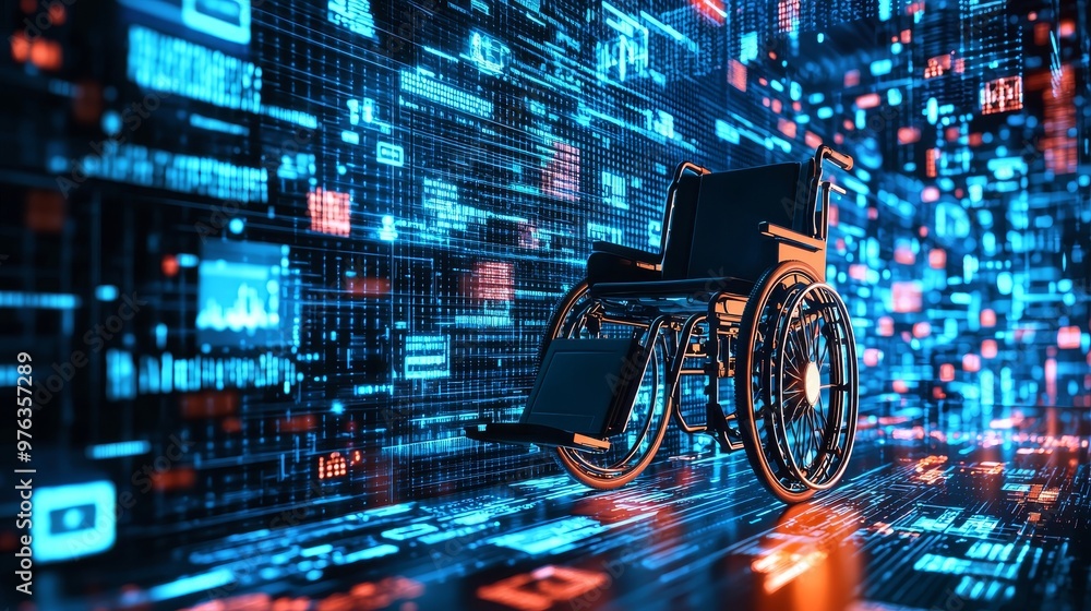 This accessibility icon depicts a wheelchair set against an abstract ...