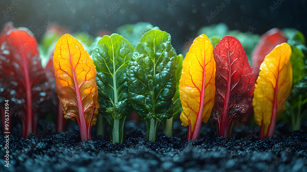 Vibrant rainbow chard leaves showcase a spectrum of colors in a garden ...