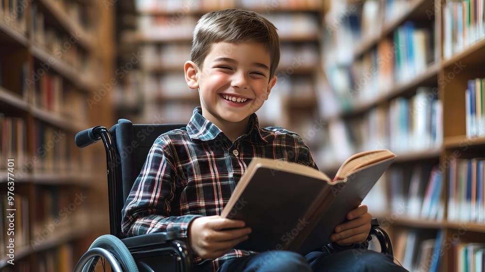 Inclusive image of a happy cute disabled school student in a wheelchair ...