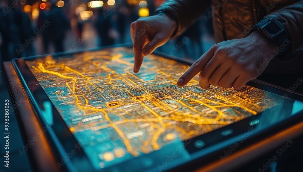 Hands interact with an illuminated touch screen table displaying a digital map, highlighting ...