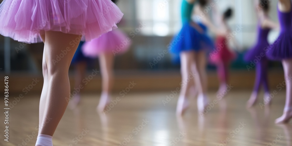 The image shows multiple ballet dancers practicing in a studio, wearing ...