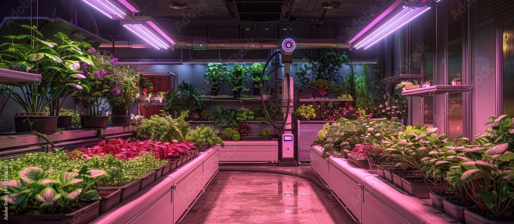 Futuristic indoor hydroponic greenhouse with vibrant neon lighting ...