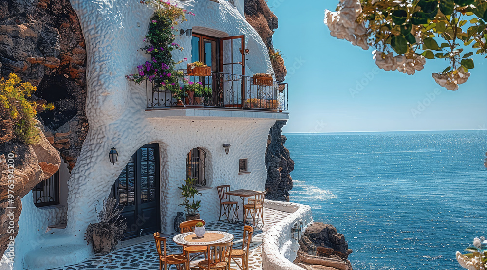 Two-story house of a white in cliffside, Decorated walls.table and ...