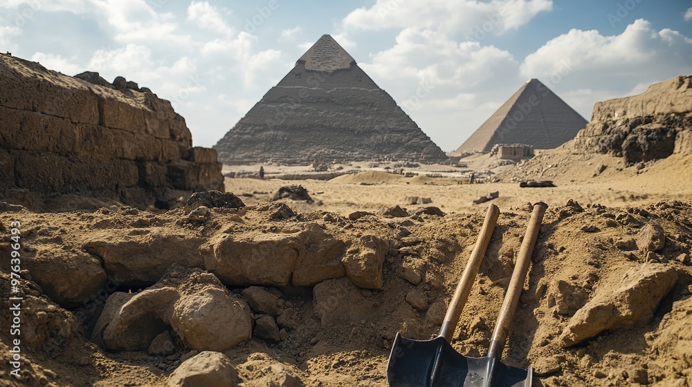 Archaeological site of ancient pyramids with excavation tools and ...