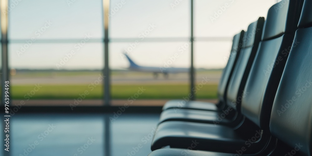 Row of empty airport seats facing large windows with a runway and a ...