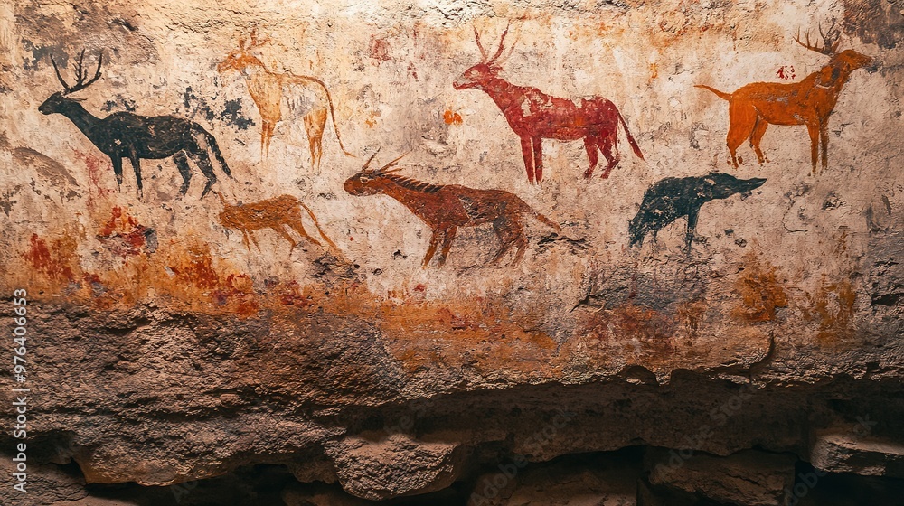 Ancient art on a cave wall depicting a scene from prehistoric life ...
