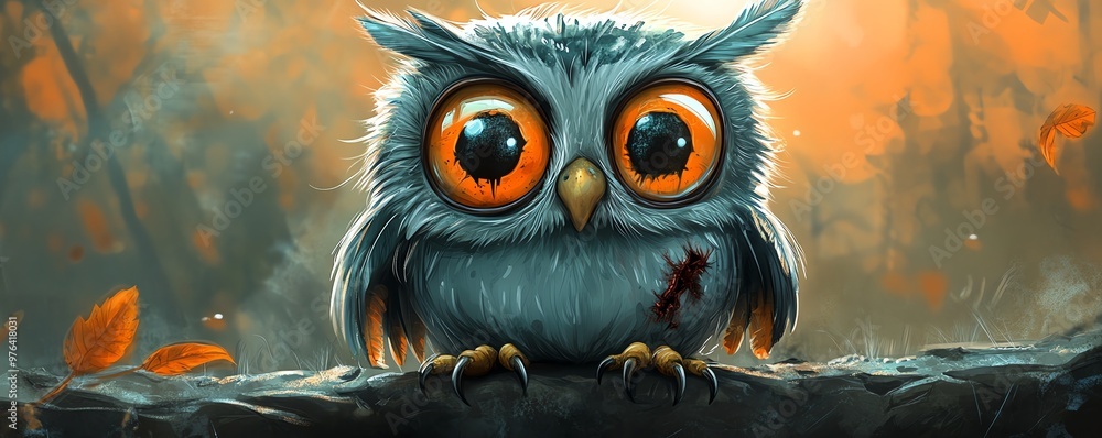 Adorable zombie owl with one eye missing, tattered feathers, big eyes ...