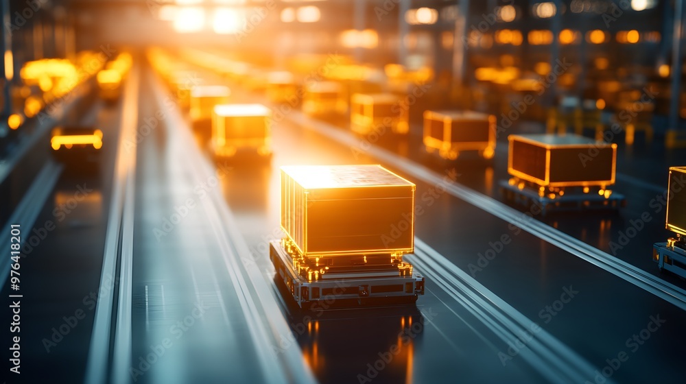Overhead shot of a smart factory floor with autonomous robots ...