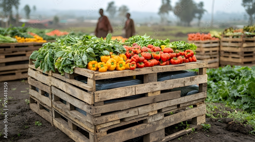 Pallet carrying crates of vegetables in a rural market, with farmers in ...