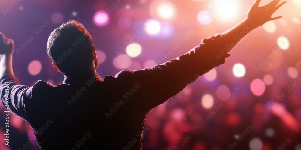 A singer on stage with open arms basks in the colorful lights and ...
