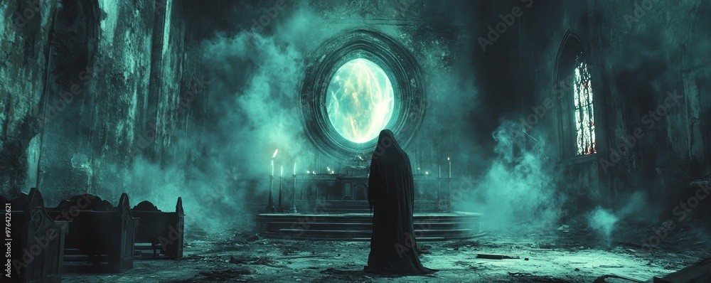 Creepy cult performing a dark spell in an abandoned church, terror ...