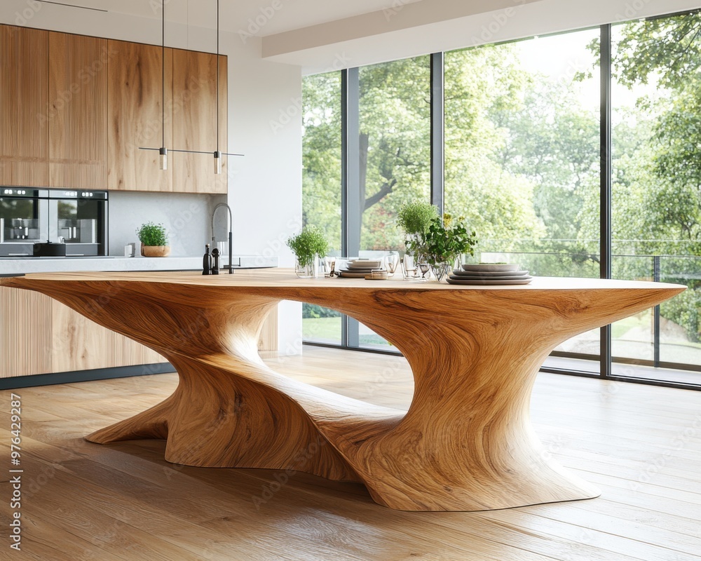 Modern Kitchen Design Featuring a Unique Solid Oak Dining Table with a ...