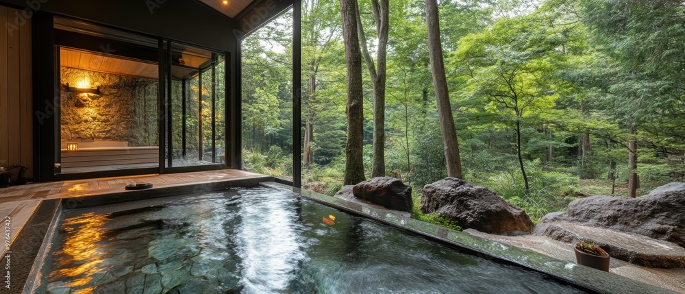 Rustic open-air onsen retreat with natural rock-lined pools amid a ...