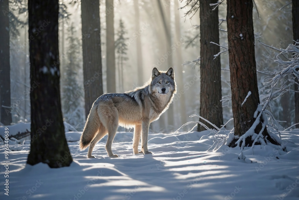 Lone Wolf in Snow-Covered Forest: A majestic gray wolf standing on a ...