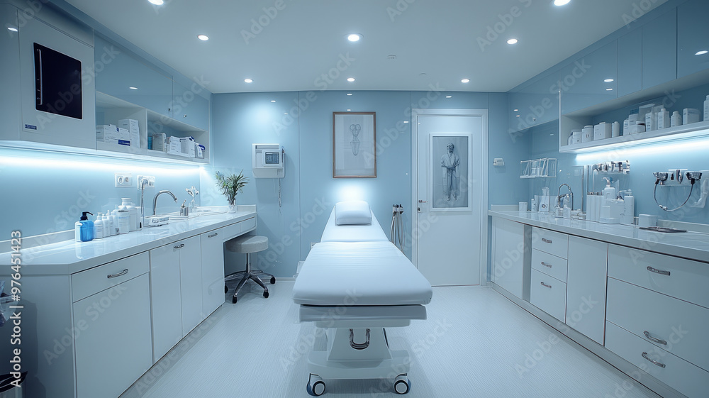 a doctor's examination room, clean crisp lighting, light blue and white ...
