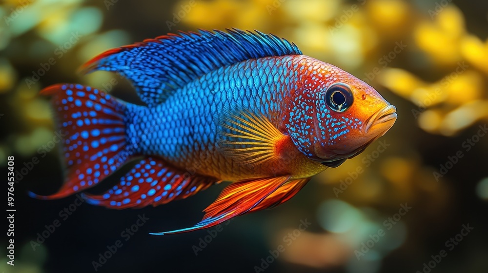 Colorful Cichlid Fish with Vivid Blue and Red Scales Swimming ...