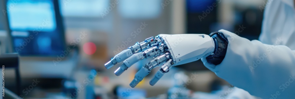 A high-tech robotic arm is showcased in a modern laboratory ...