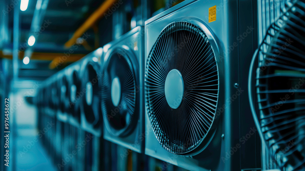 Row of industrial cooling fans spinning rapidly to maintain optimal ...