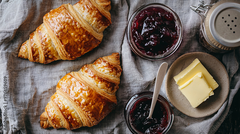 Freshly baked croissants paired with rich butter and sweet jam create ...