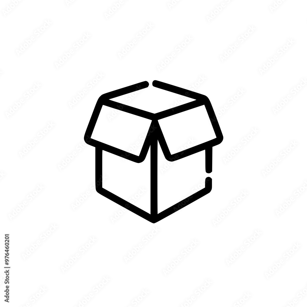 Minimalistic black and white line drawing of an open box, depicting ...