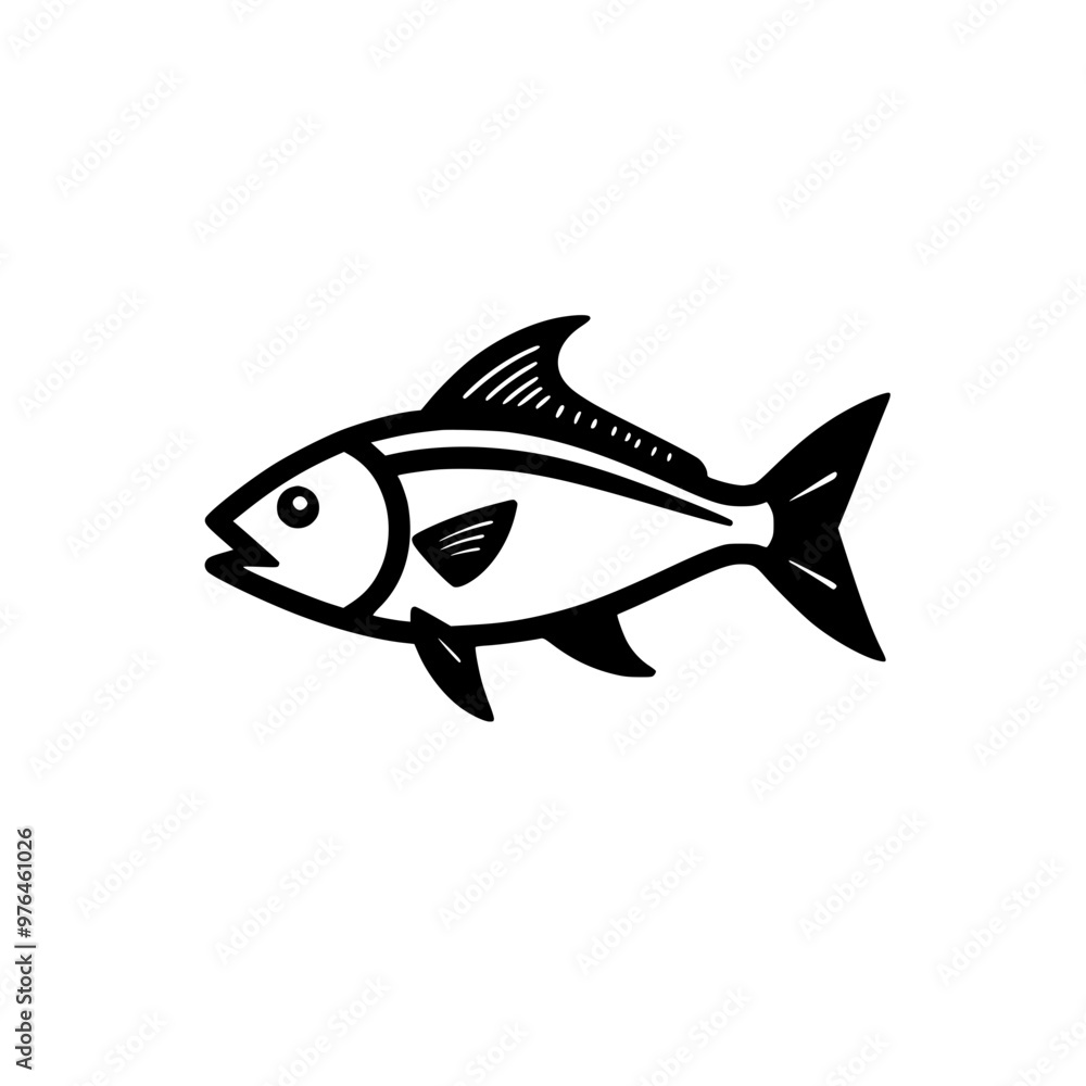 Black and white vector illustration of a fish with simple, clean lines ...