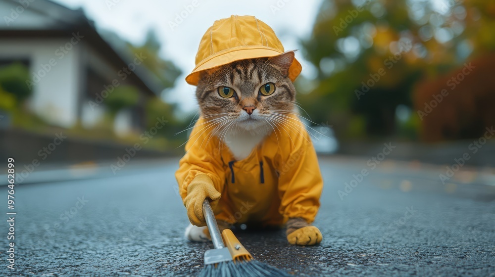 Adorable tabby cat wearing a yellow raincoat and hat, sweeping the wet ...