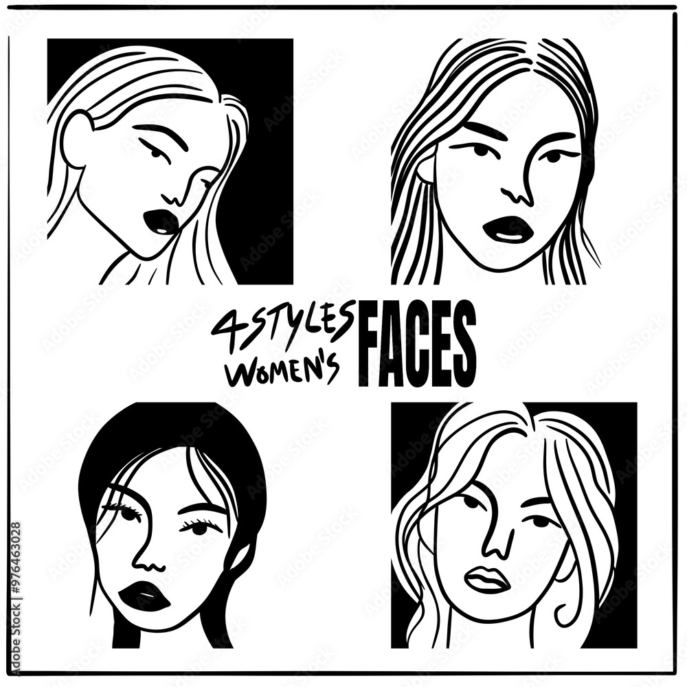 4 styles of women’s faces in different postures, outline art style ...