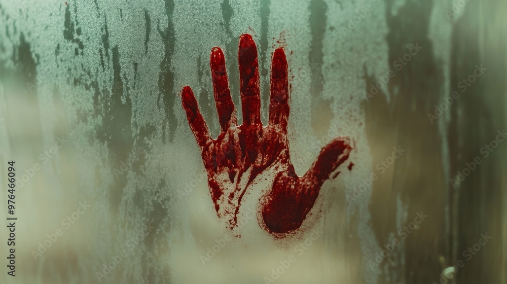Blood smeared bloody handprint on frosted glass window or shower screen ...