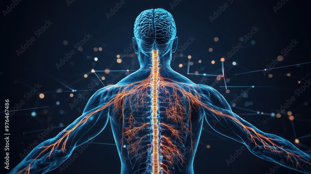 An anatomical illustration showing the human nervous system in a ...