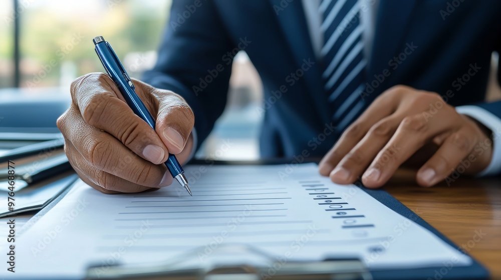 Check list concept. Businessman tick off questionnaire survey test ...