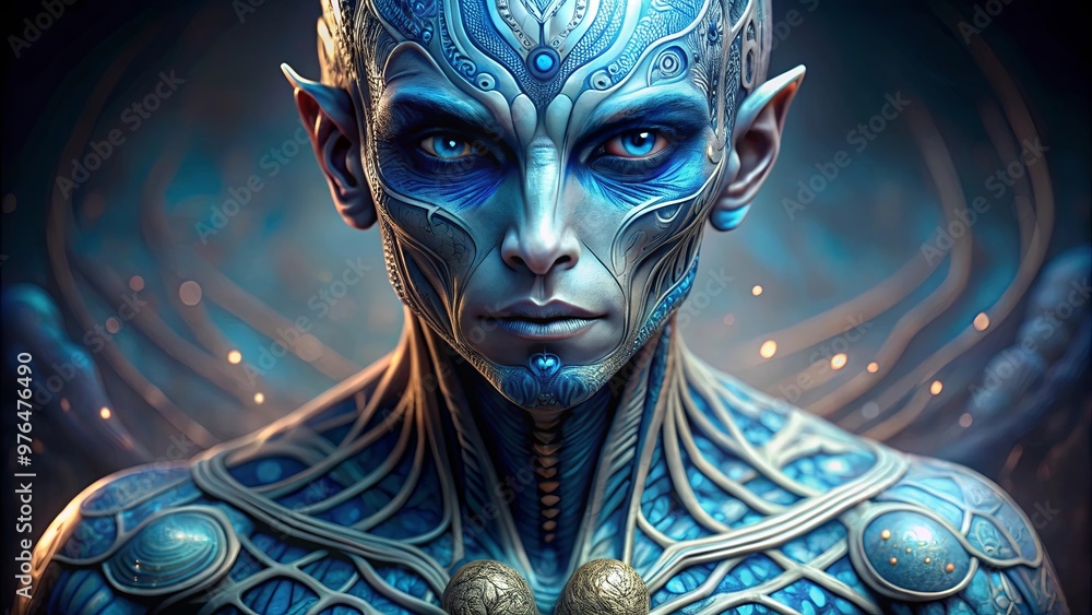 Futuristic Pleiadean Blue Alien with intricate alien art tattoos and ...