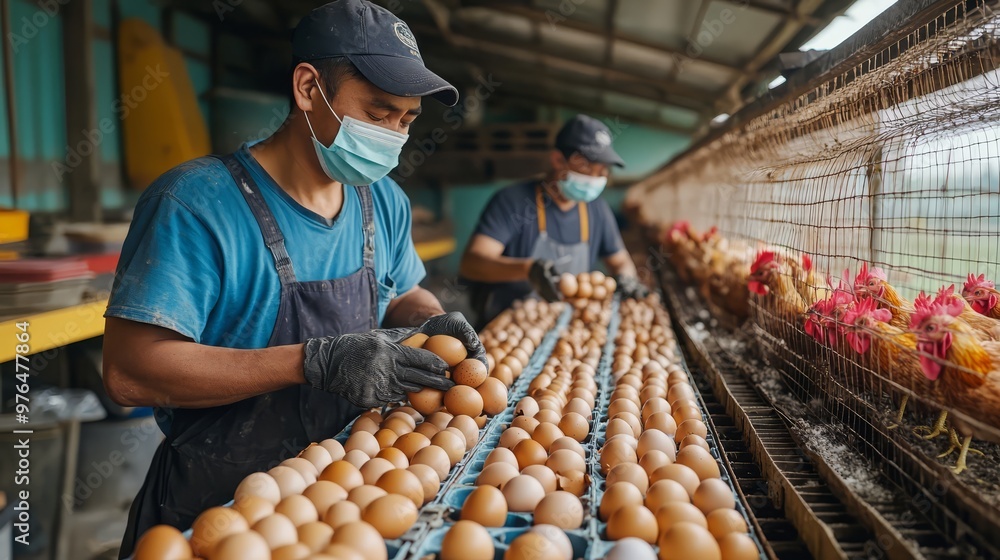 Farm workers wearing masks sorting fresh eggs in a chicken coop ...